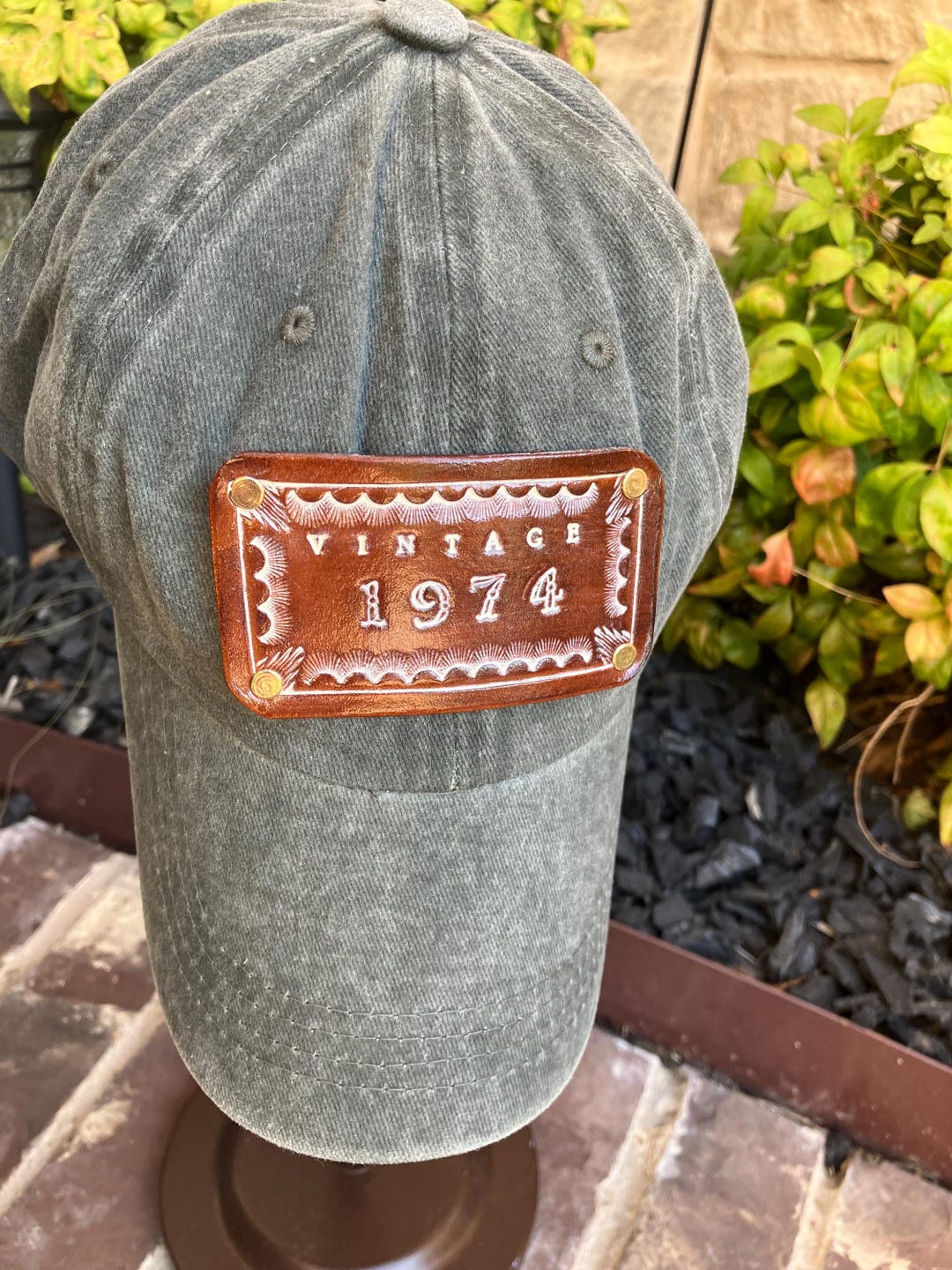 Custom Hand Tooled Leather Hat Patch on Adjustable Cotton Baseball Cap ...