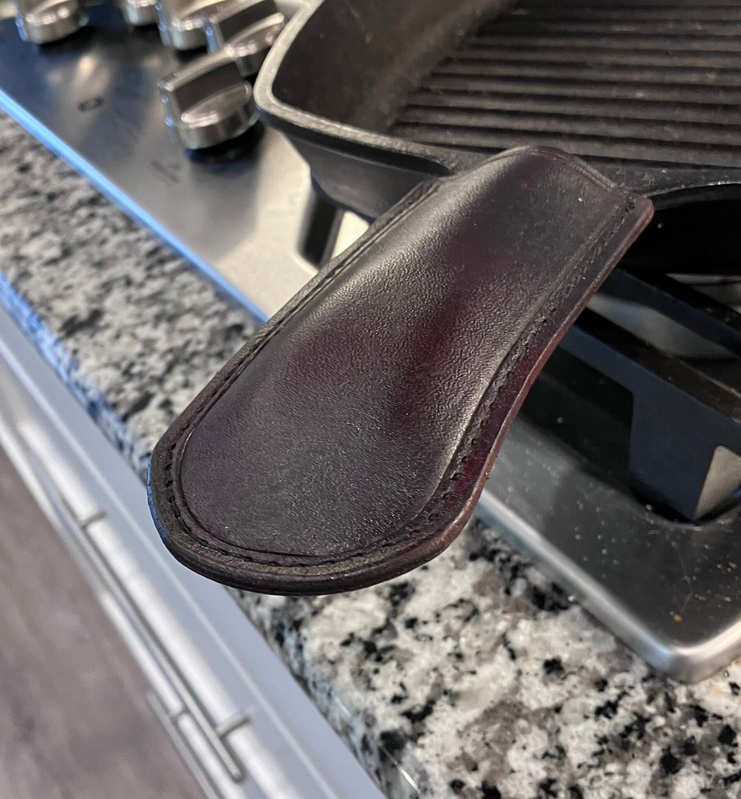 Set of 2 Leather Cast Iron Skillet Handle Cover Sleeve Dark Brown Plain ...