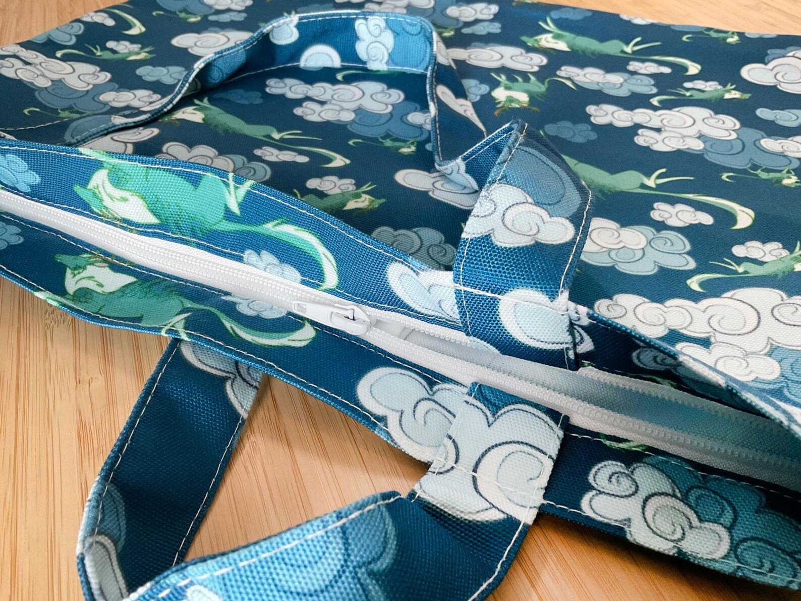 Tote Bag - Playful Kirin Pattern Blue Clouds Canvas Zippered Closure - Etsy
