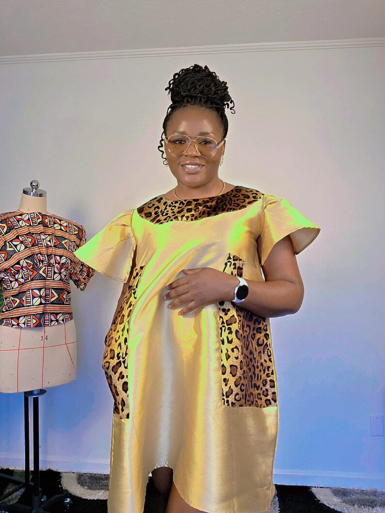 Handmade Gold Satin Midi Dress | Leopard Print, African Party Dress - Etsy