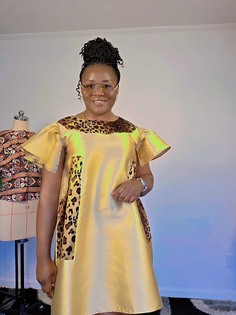 Handmade Gold Satin Midi Dress | Leopard Print, African Party Dress - Etsy