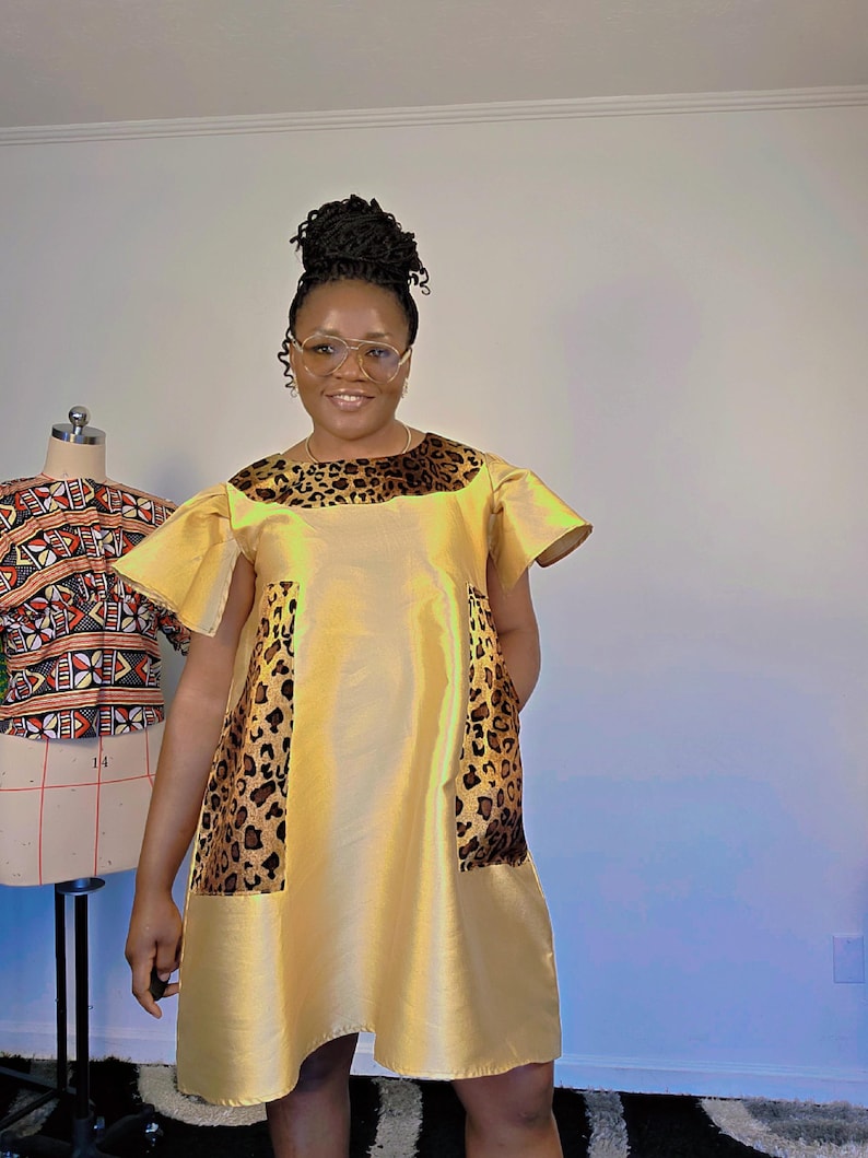 Handmade Gold Satin Midi Dress | Leopard Print, African Party Dress - Etsy
