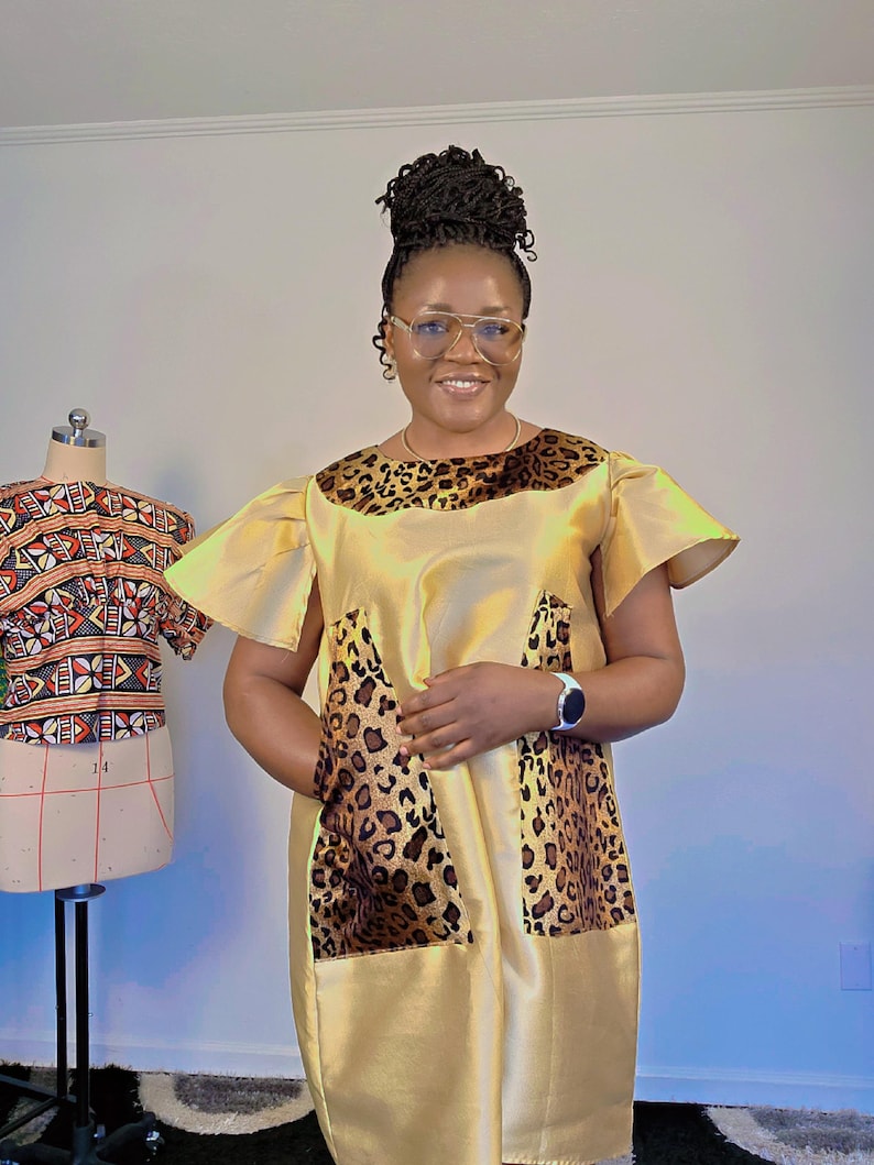 Handmade Gold Satin Midi Dress | Leopard Print, African Party Dress - Etsy