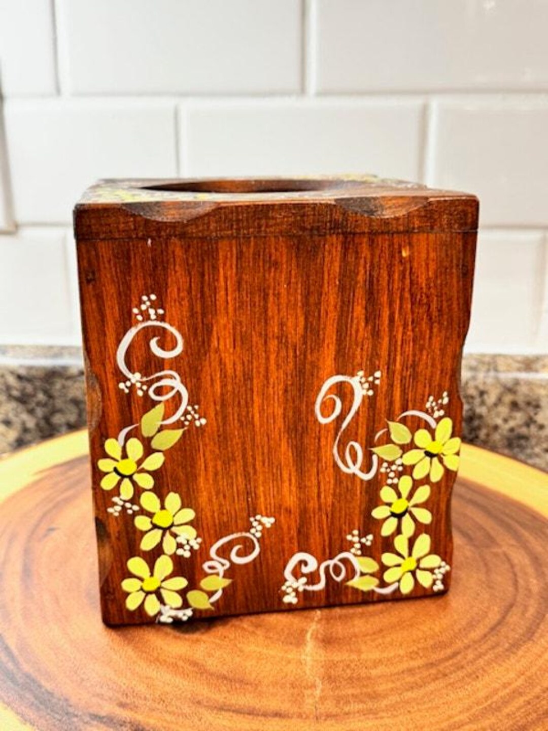 VTG Solid Wood Square Tissue Kleenex Box Cover W/hand Painted Flowers ...