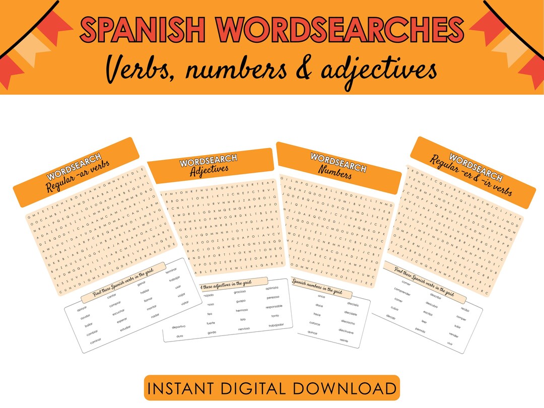 Spanish Word Searches – Verbs, Numbers, Adjectives (printable PDF) - Etsy
