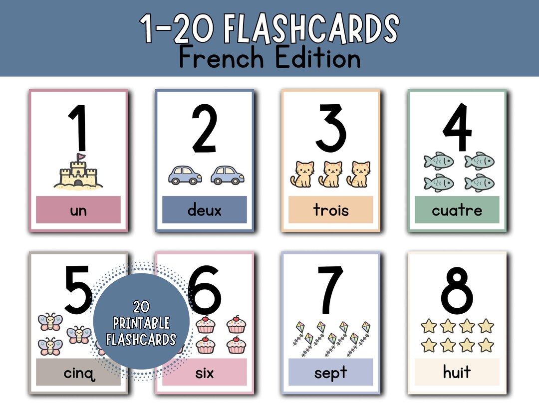 French Numbers 1-20 Flashcards Printable PDF - Etsy