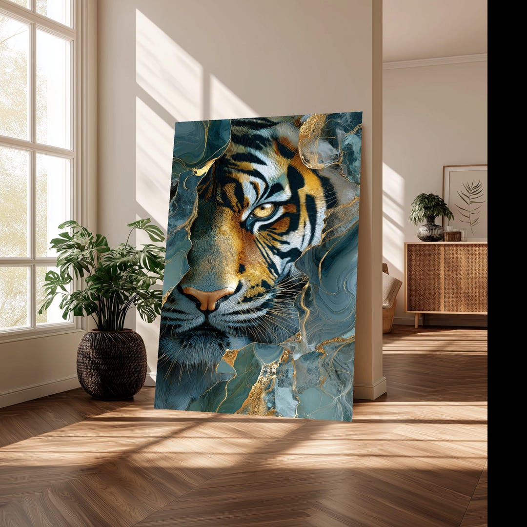 Majestic Tiger Face Canvas, Abstract Animal Wall Art, Gold and Blue ...