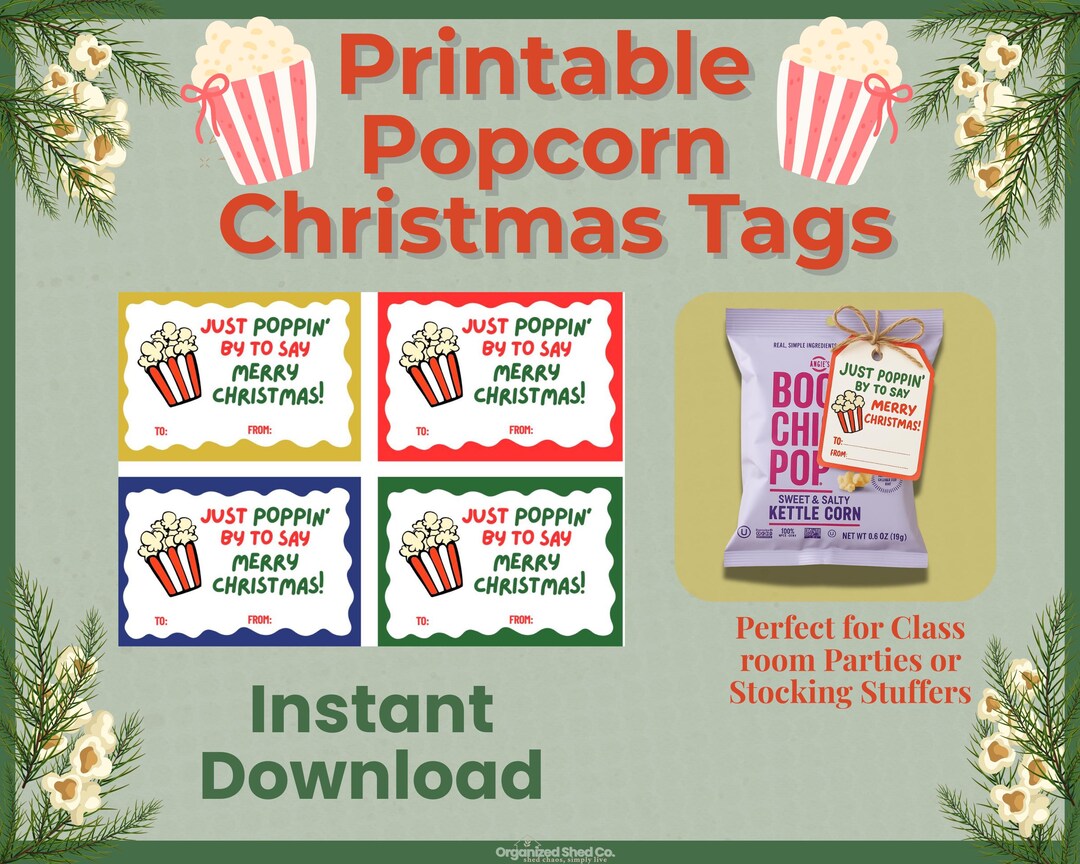 Christmas Popcorn Tags, Printable Classroom Treats, Holiday Snack Tags ...