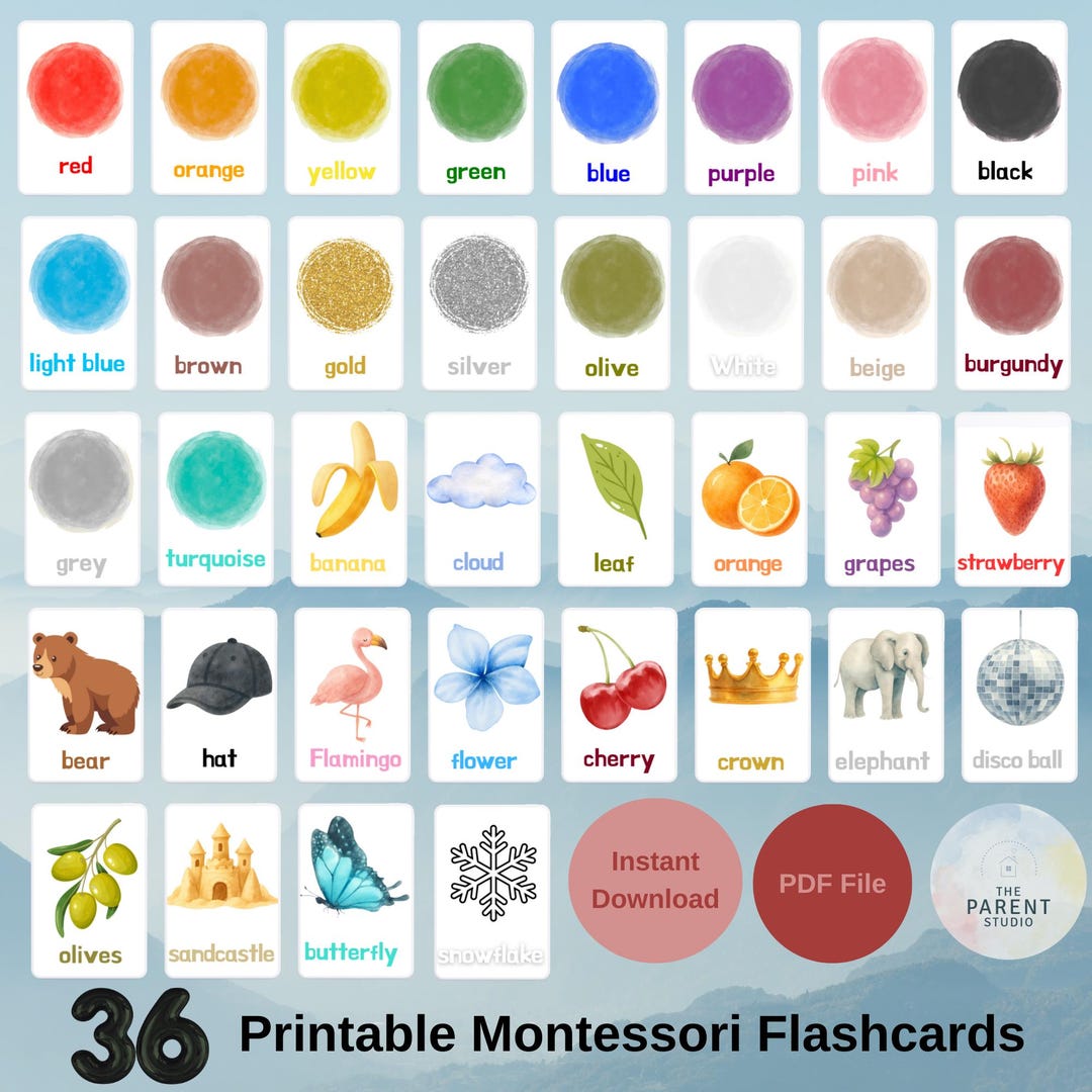 36 Printable Montessori Flashcards, Color & First Words, Preschool ...