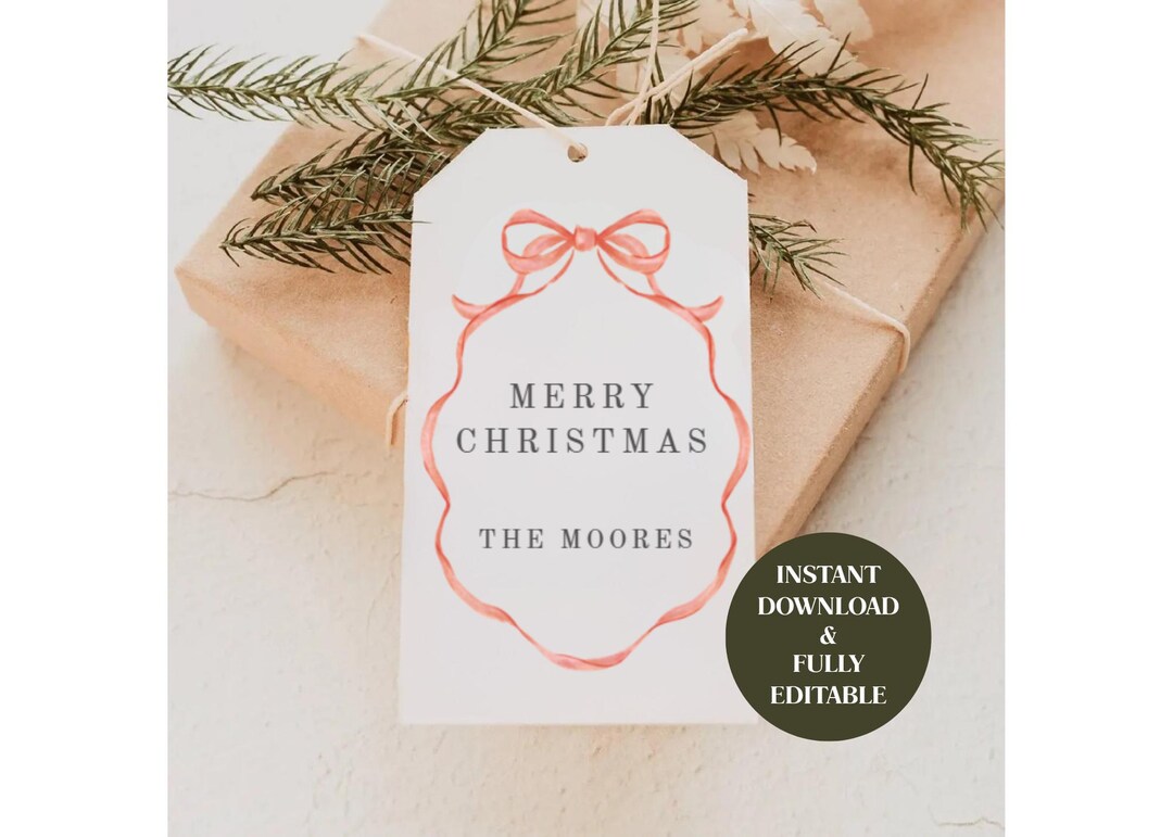 Coquette Christmas Gift Tag Template, Minimalist Christmas Favor Tag ...