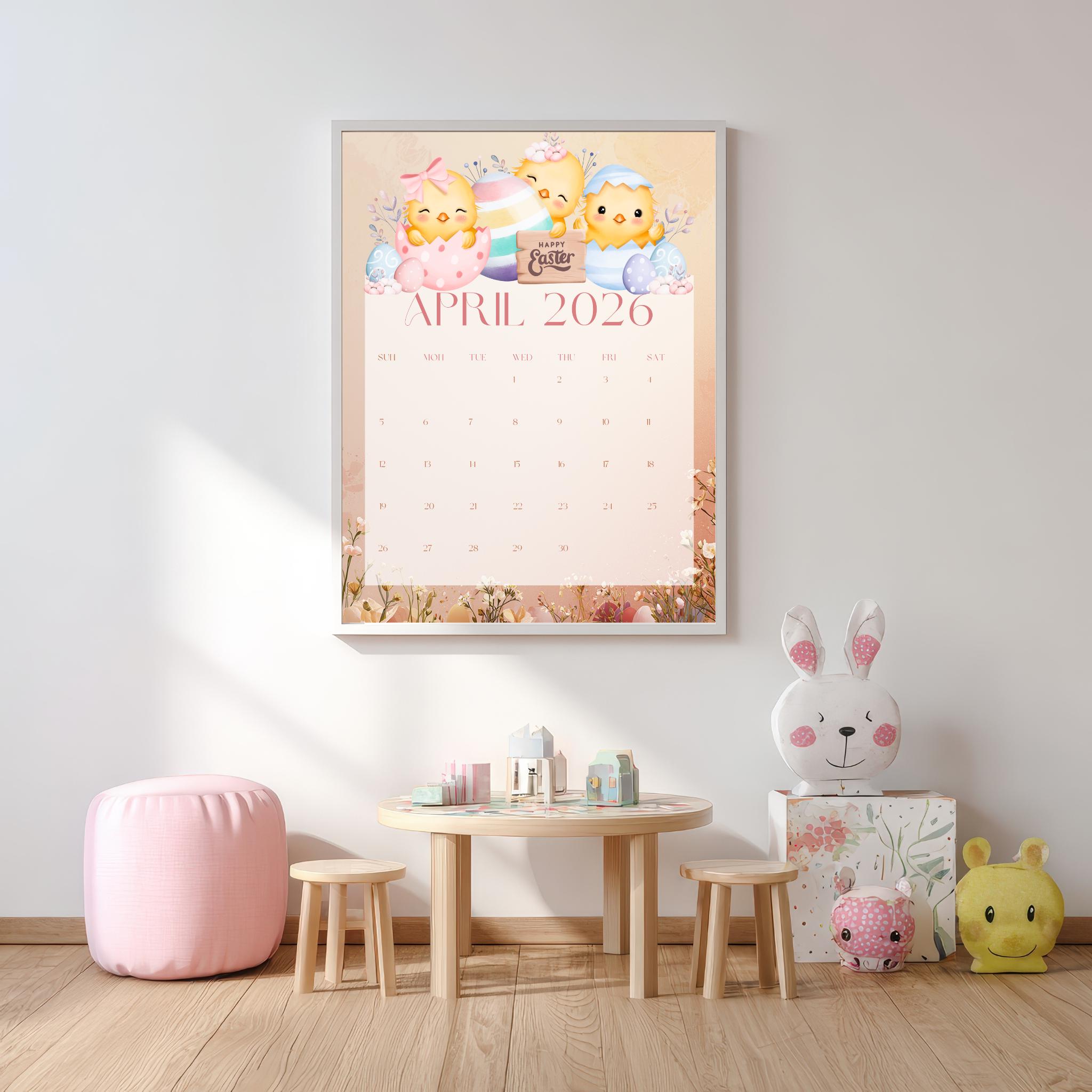 April 2026 Calendar Printable, Easter Chick Art, Kids Spring Poster ...