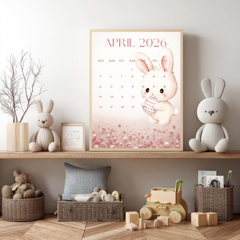 April 2026 Calendar Printable, Easter Bunny Wall Art, Nursery Decor ...