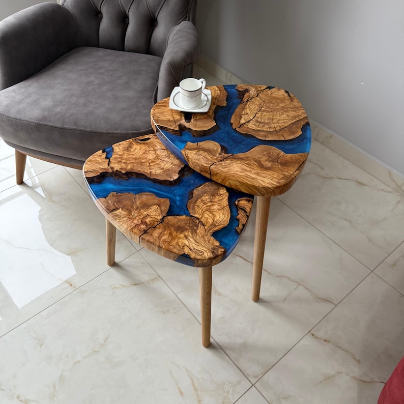 Handmade Olive Wood & Epoxy Nesting Tables, Modern Live Edge Coffee ...