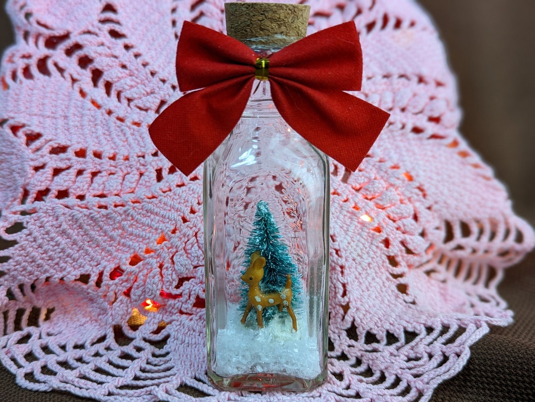 Snow Globe Bottle Christmas Decor Handmade W Bottle Brush Tree And Vintage Deer Etsy