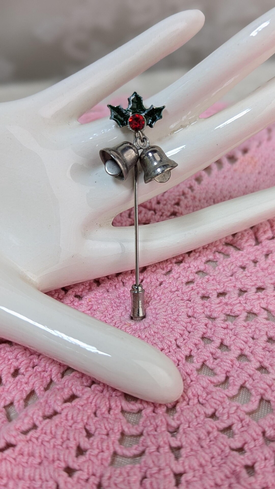 Vintage Enamel Holly & Jingle Bells Stick Pin Red Rhinestone Silver ...