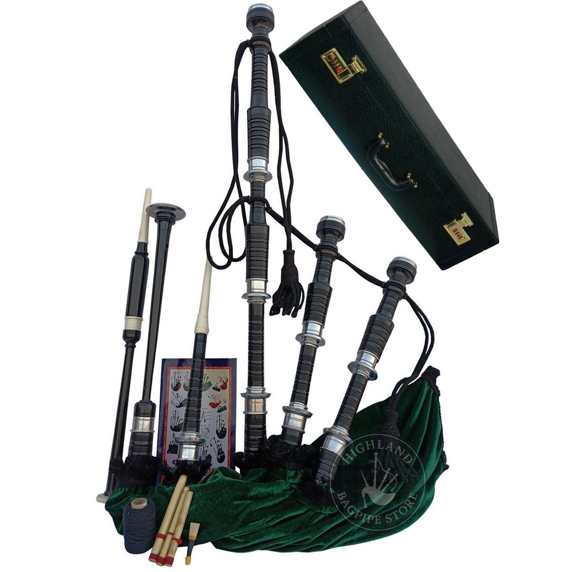 Traditional Scottish Bagpipe With Green Velvet Cover and Carrying Case ...