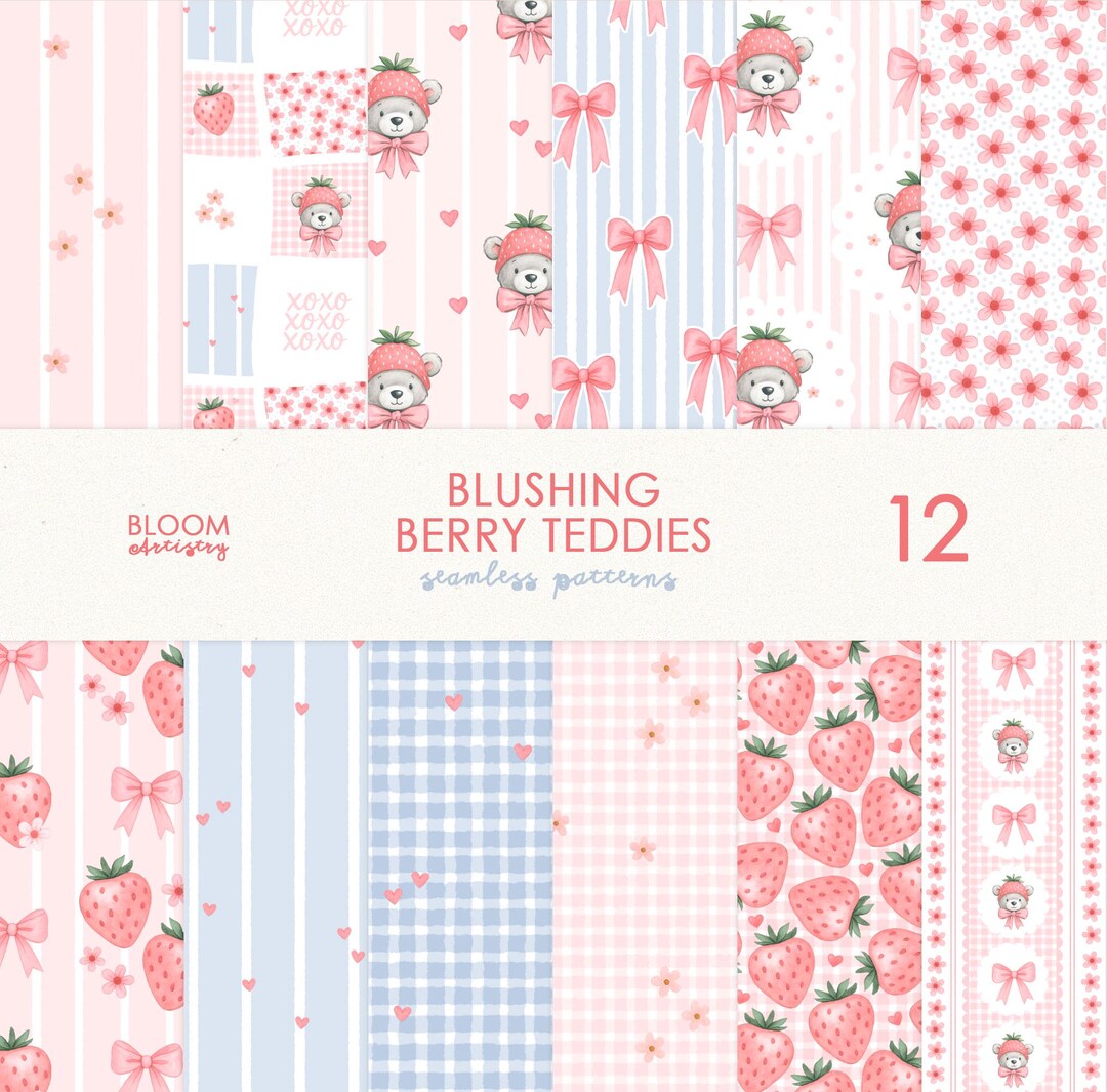 Coquette Valentines Strawberry Seamless Pattern, Teddy Bear Seamless ...