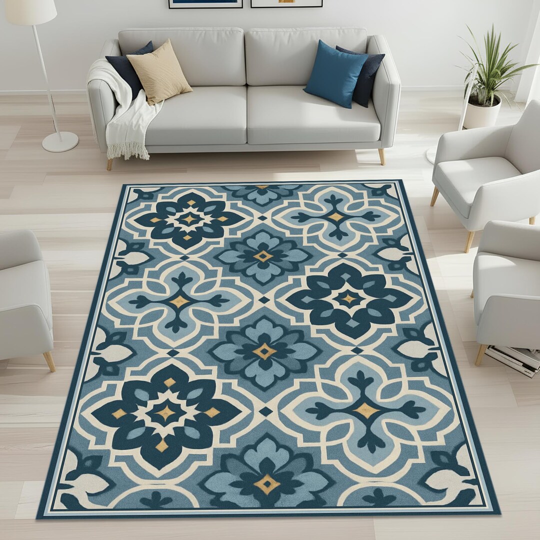 Blue Geometric Tile Rug Modern Boho Area Carpet Non Slip Washable Floor ...