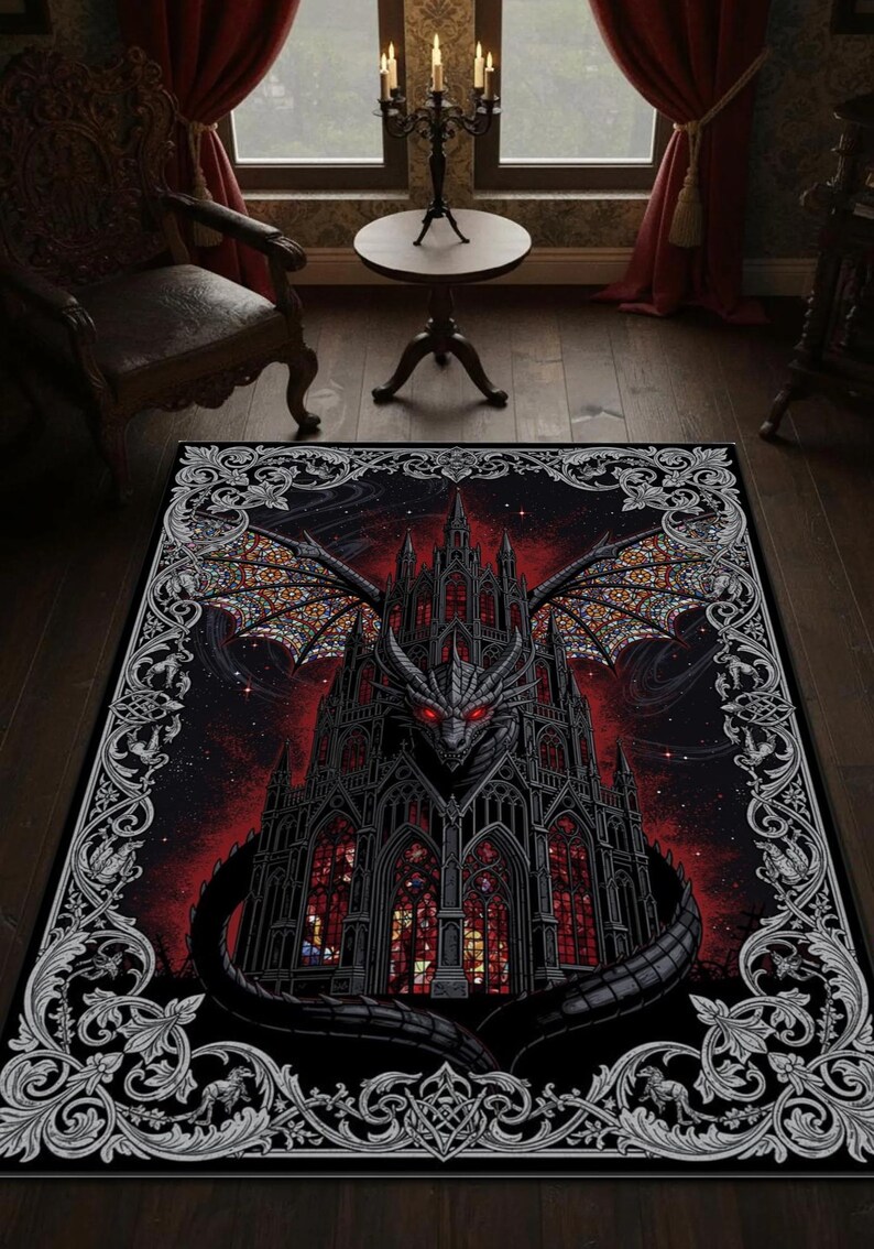 Gothic Dragon Cathedral Rug, Dark Fantasy Stained Glass Design ...