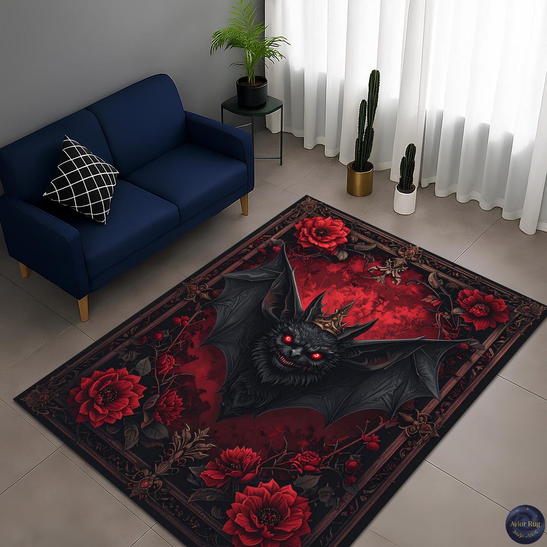 Gothic Vampire Bat Crowned Art Rug, Dark Floral Fantasy Carpet for ...