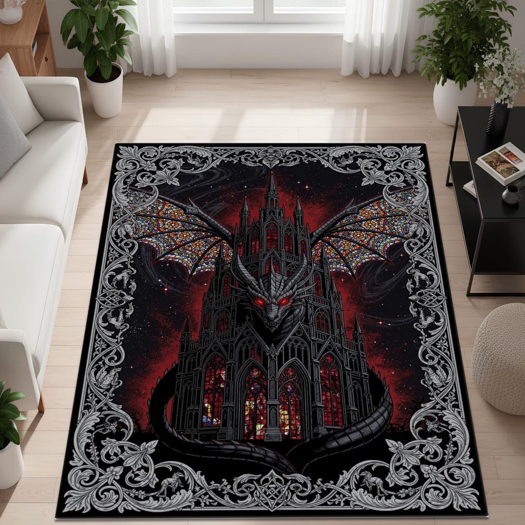Gothic Dragon Cathedral Rug, Dark Fantasy Stained Glass Design ...