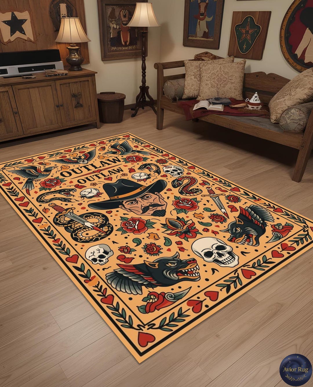 Outlaw Cowboy Tattoo Flash Rug Traditional Western Style Skull Snake ...