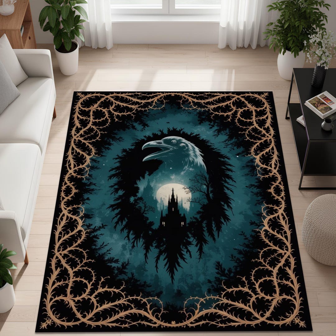 Gothic Raven Moon Castle Rug Dark Fantasy Decor Mystical Art Area ...