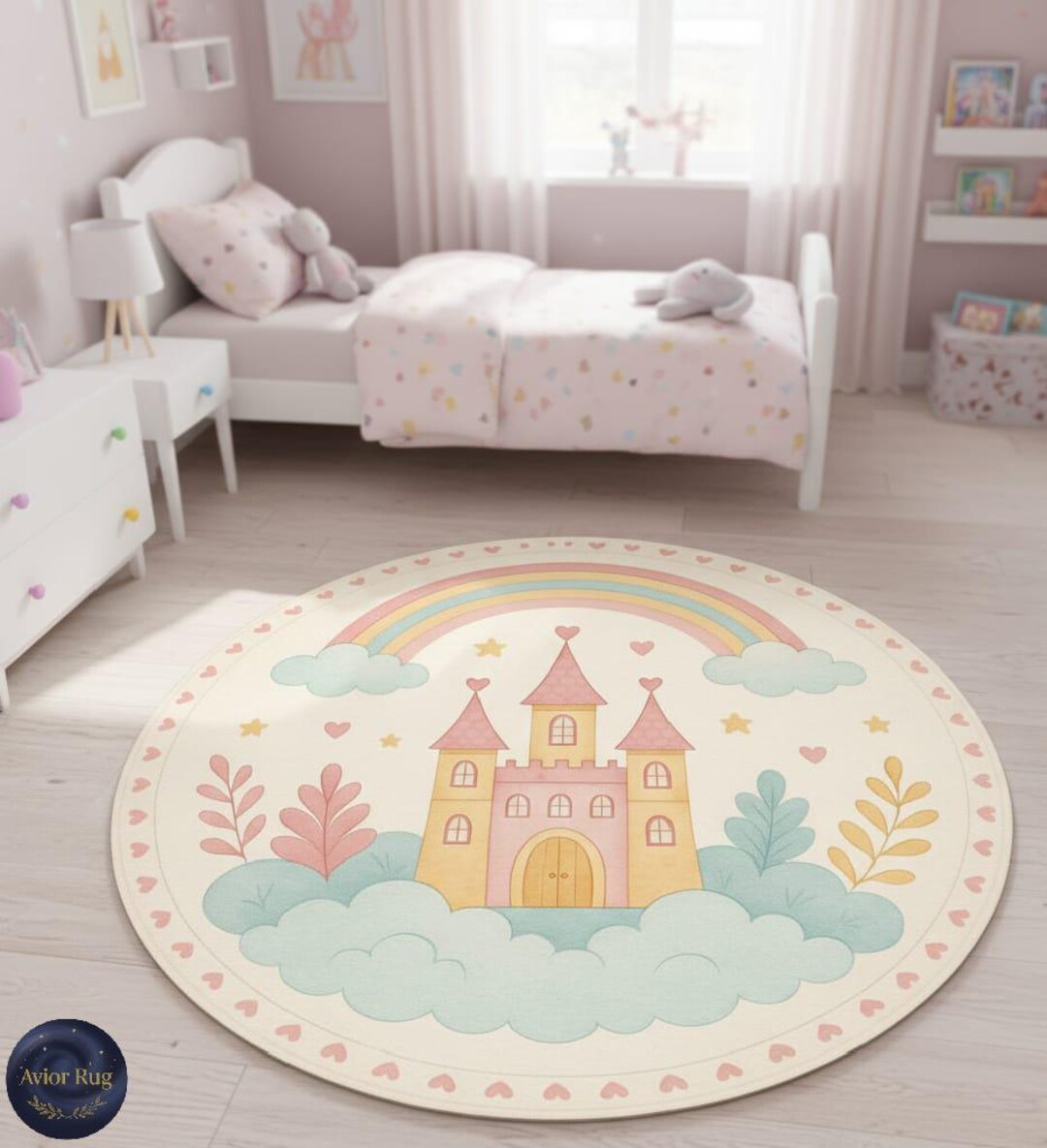 Rainbow Castle Rug, Pastel Nursery Carpet, Non Slip Kids Playroom Rug ...