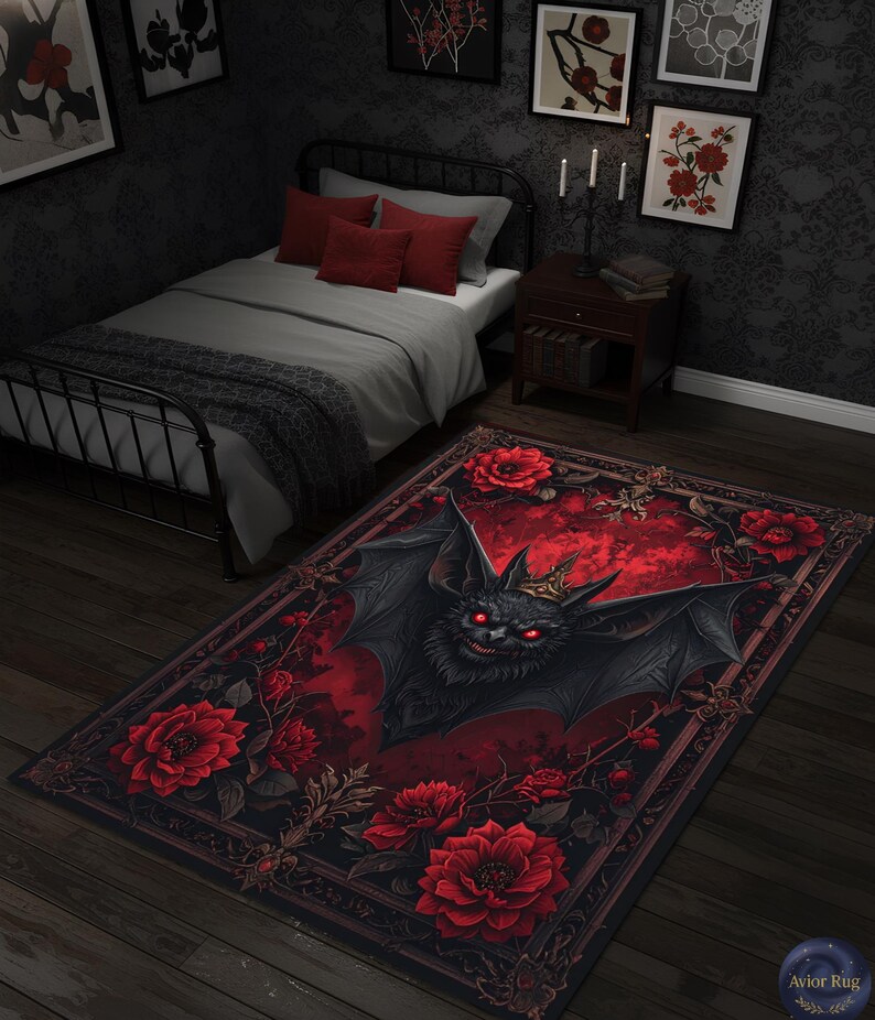 Gothic Vampire Bat Crowned Art Rug, Dark Floral Fantasy Carpet for ...
