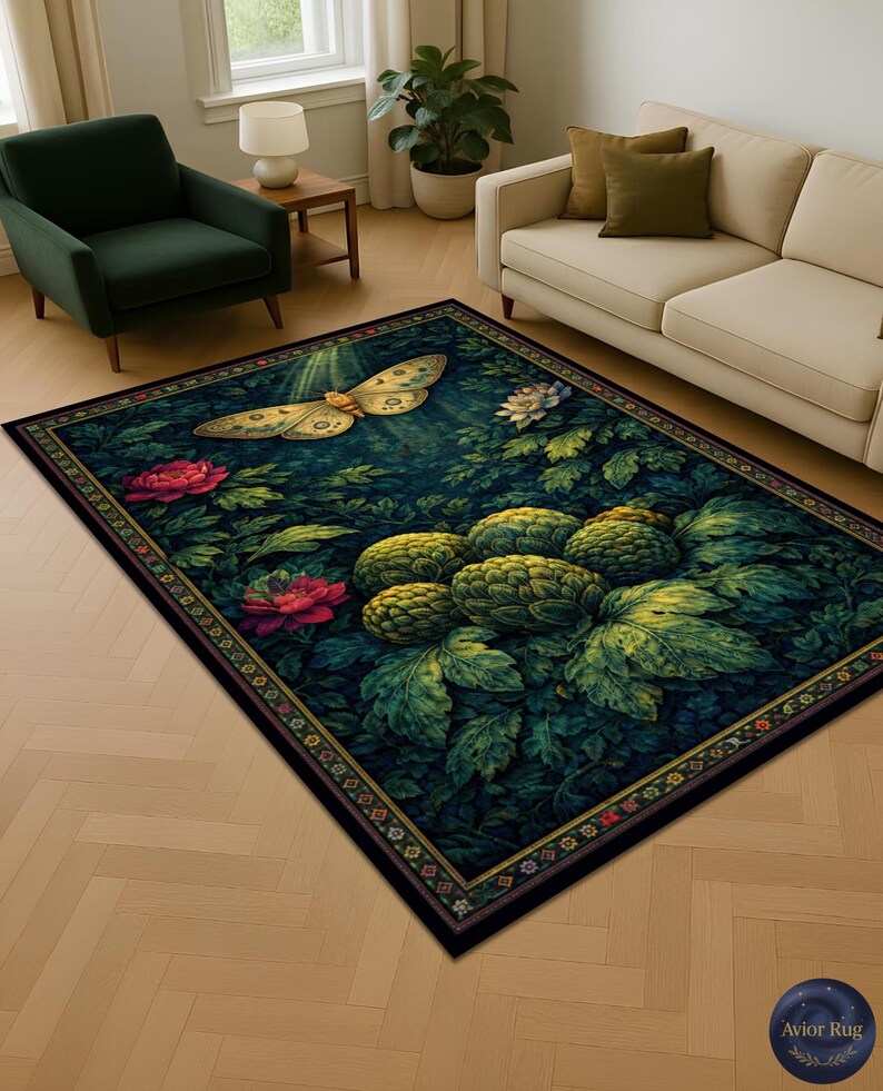 Mystic Butterfly Rug Dark Green Moody Botanical Enchanted Forest Decor ...