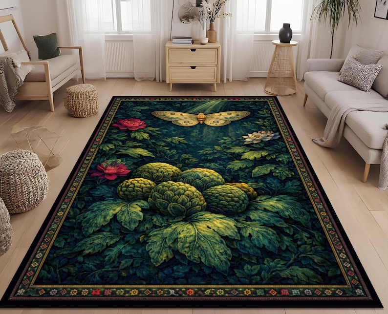 Mystic Butterfly Rug Dark Green Moody Botanical Enchanted Forest Decor ...