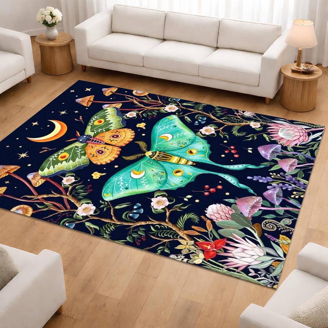Celestial Moth Rug, Floral Moon Carpet, Folk Art Decor, Mushroom ...