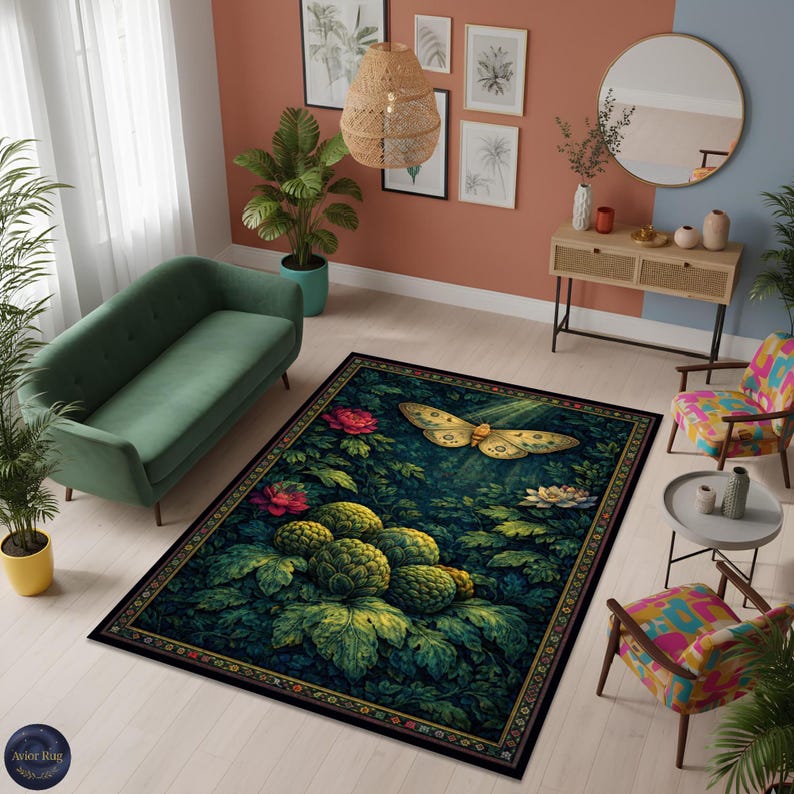 Mystic Butterfly Rug Dark Green Moody Botanical Enchanted Forest Decor ...