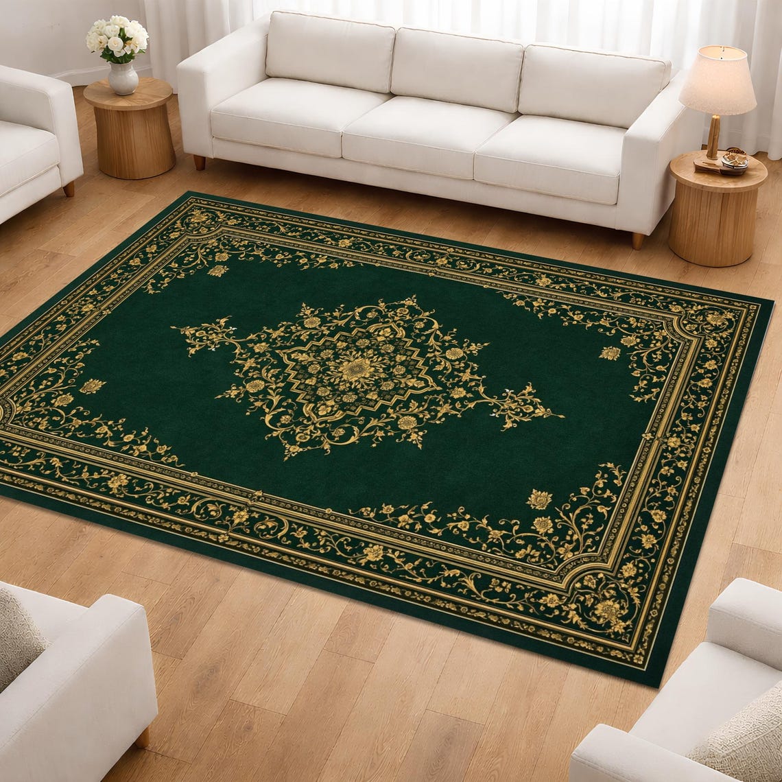 Dark Green Persian Rug, Vintage Baroque Floral Medallion, Oriental ...