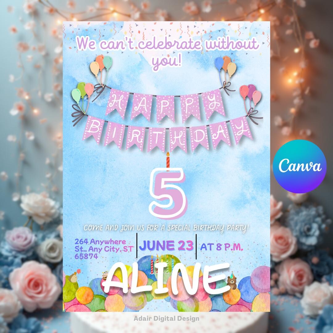 Editable Birthday Invitation in Canva, Colorful Printable Template ...
