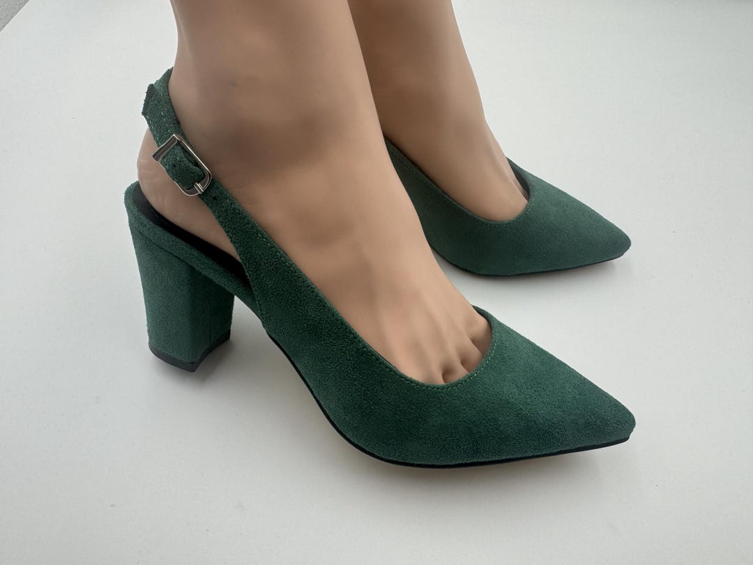Handmade Vegan Suede Block Heel Shoes, Green Open Back Shoes , High ...