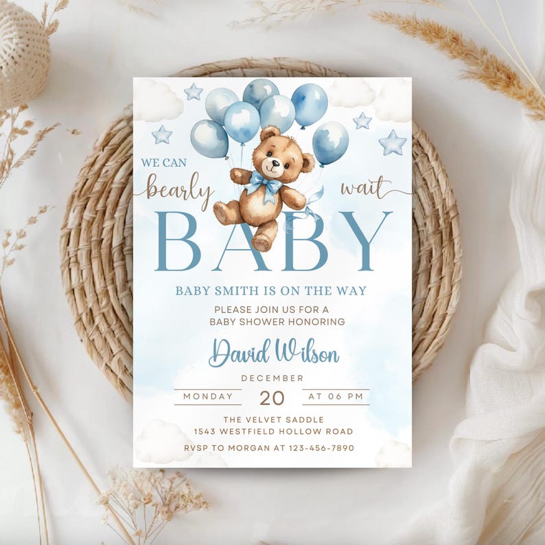 Teddy Bear Baby Shower Invitation, Pale Blue Balloons (digital Download ...