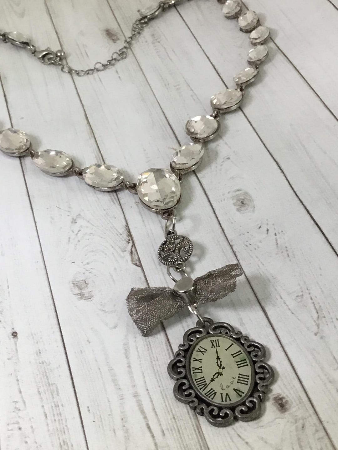 Handmade Steampunk Clock Necklace: Crystal Rhinestone Bow Pendant - Etsy