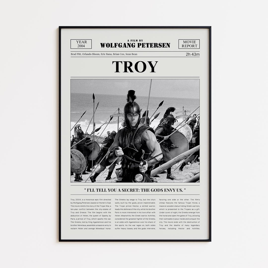 Troy Movie Poster, Brad Pitt, Retro Newspaper Film Print, Custom Movie ...