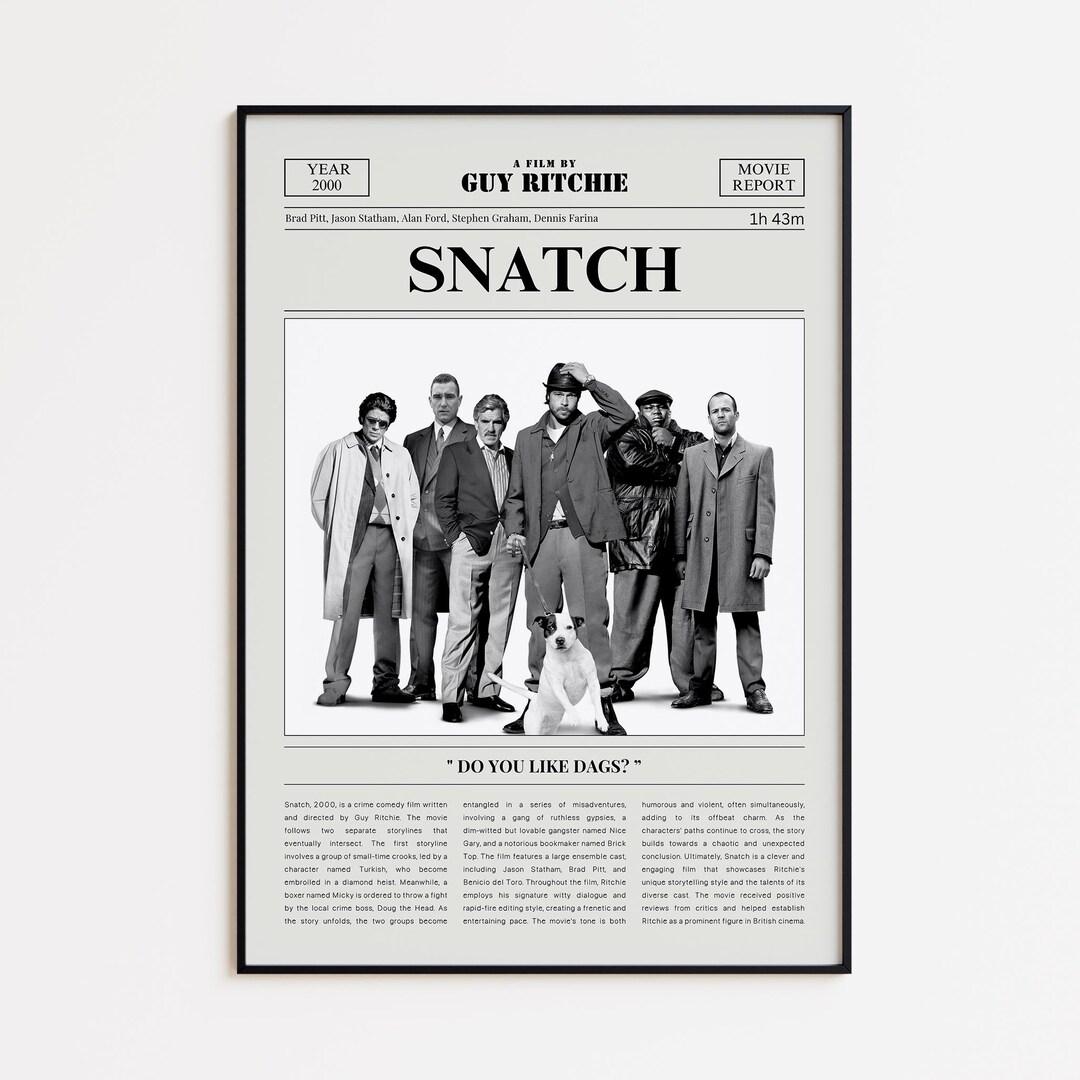 Snatch Movie Poster, Brad Pitt, Retro Newspaper Film Print, Custom ...