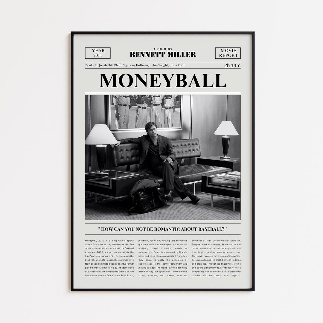 Moneyball Movie Poster, Brad Pitt, Retro Newspaper Film Print, Custom ...