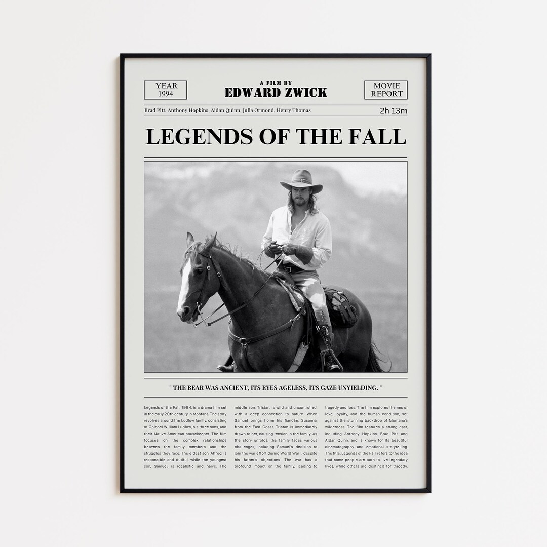 Legends of the Fall Movie Poster, Brad Pitt, Retro Newspaper Film Print ...