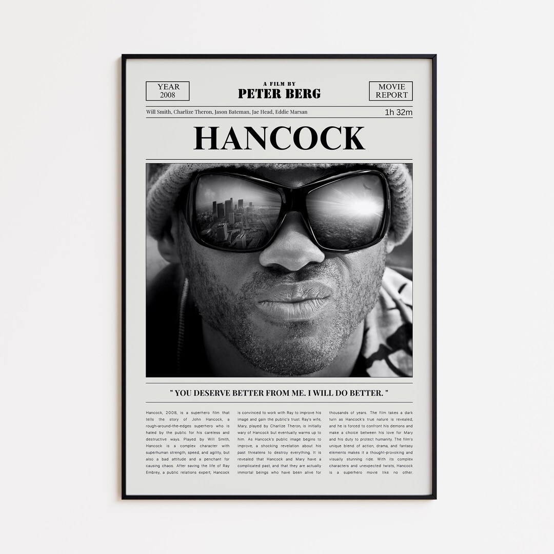 Hancock Movie Poster, Will Smith, Retro Newspaper Film Print, Custom ...