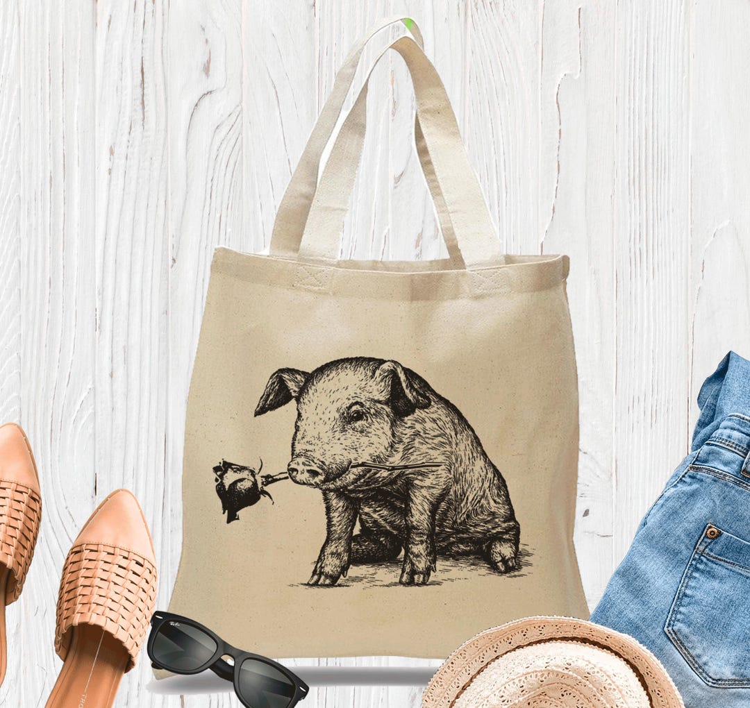 Pig With Rose Tote Bag, Cute Handbag, Canvas Tote, Pig Lover Gift ...