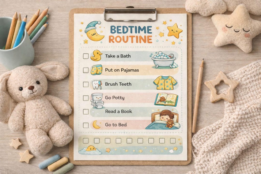 Calm Bedtime Routine Chart for Kids | Visual Night Routine Checklist ...