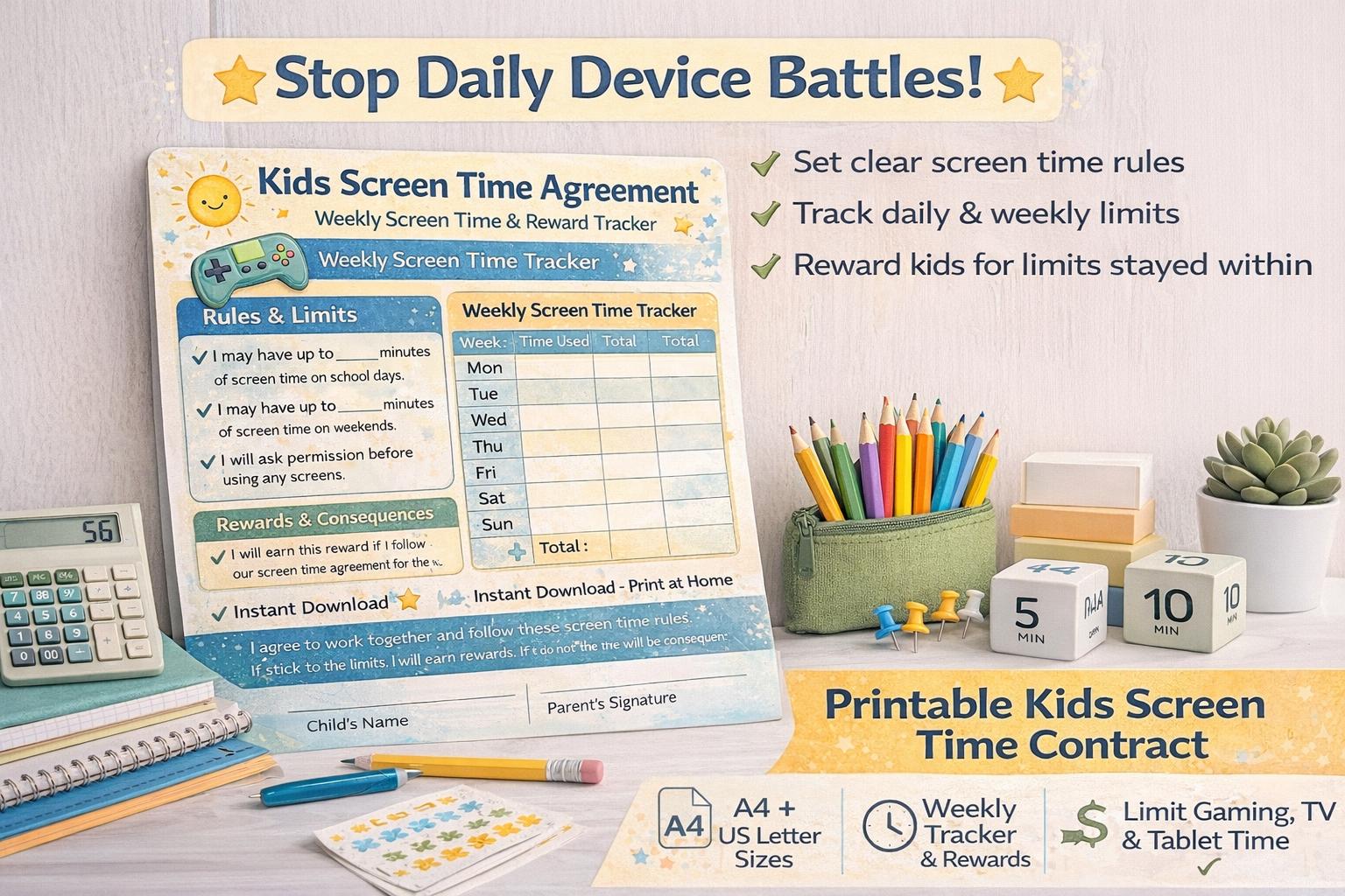 Kids Screen Time Agreement Printable | Screen Time Rules Chart for Kids ...