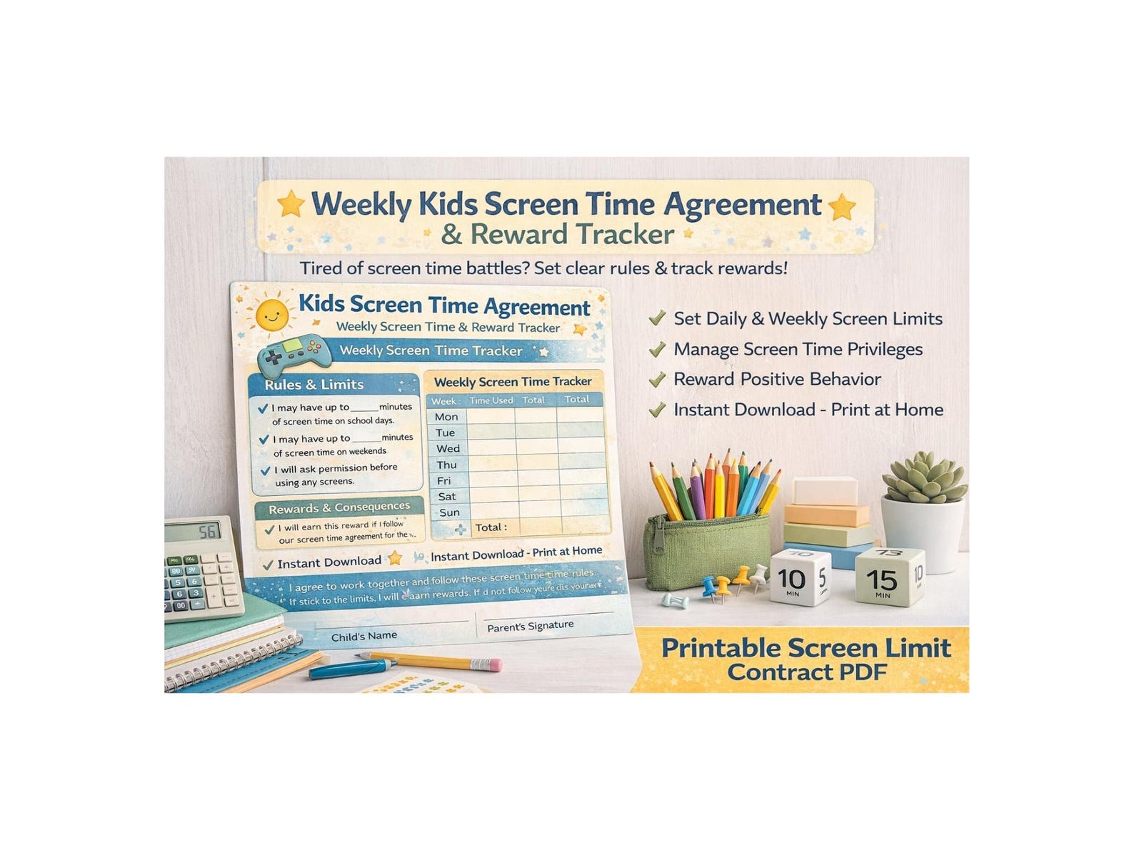 Kids Screen Time Agreement Printable | Screen Time Rules Chart for Kids ...