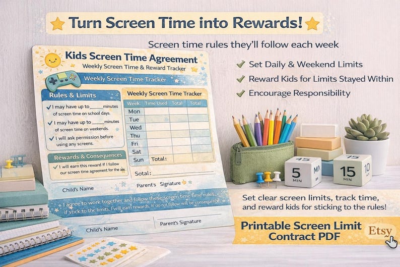 Kids Screen Time Agreement Printable | Screen Time Rules Chart for Kids ...