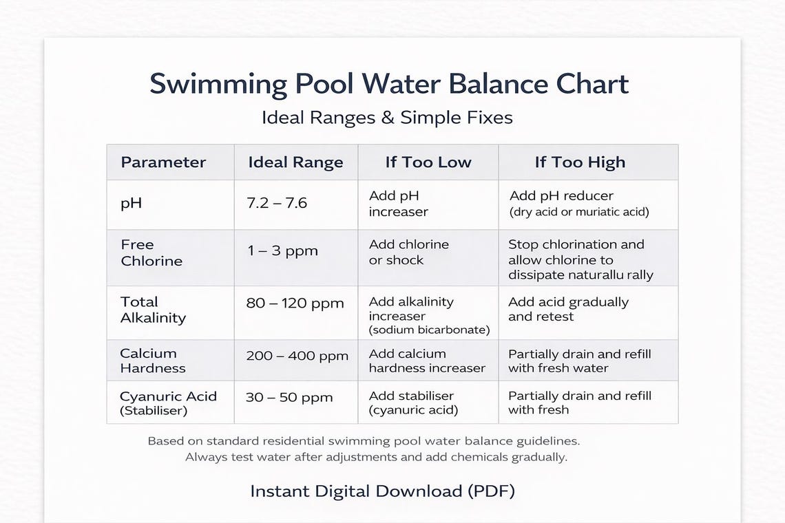Pool Water Balance Chart | Pool Chemistry Guide (printable PDF) - Etsy