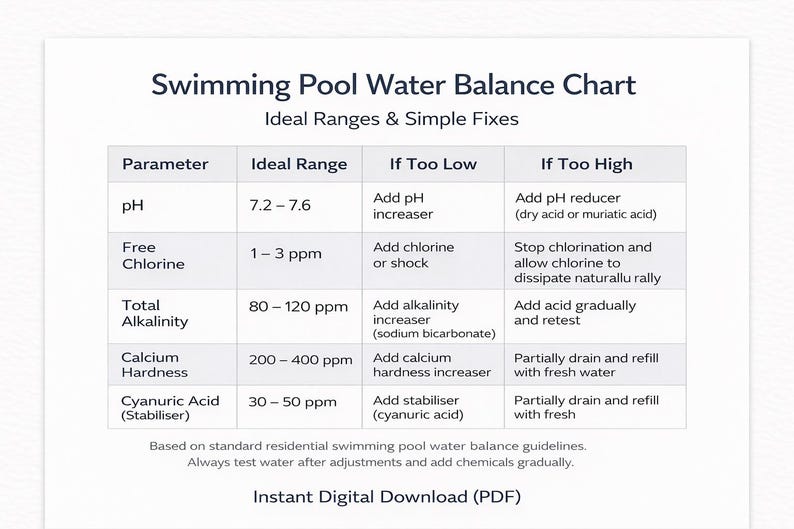 Pool Water Balance Chart | Pool Chemistry Guide (printable PDF) - Etsy